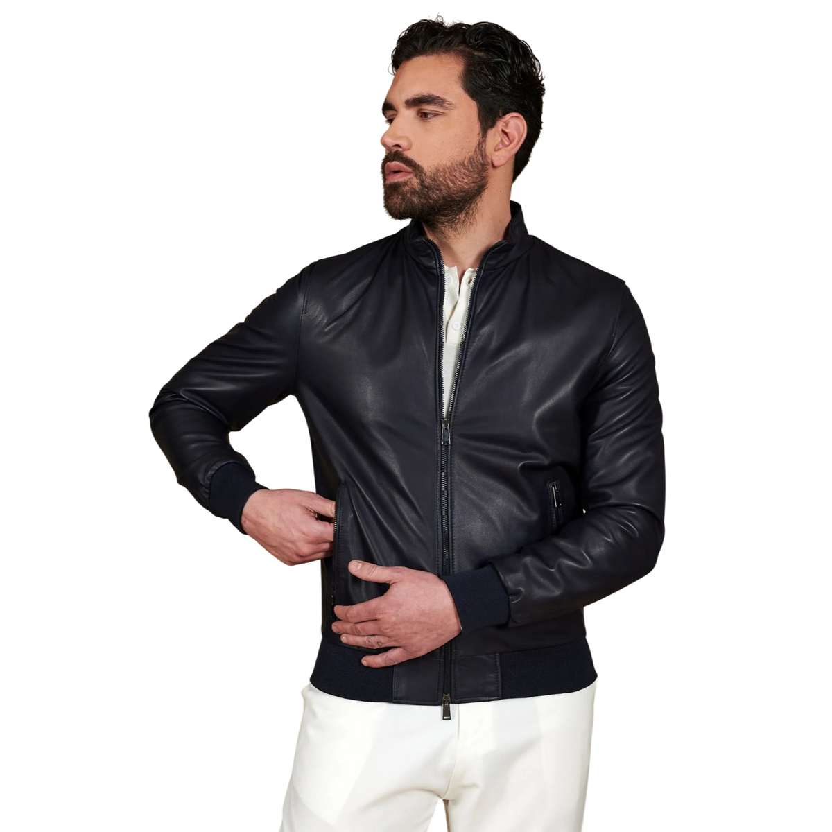 Men’s Blue Leather Bomber Jacket | Riders Republic UK