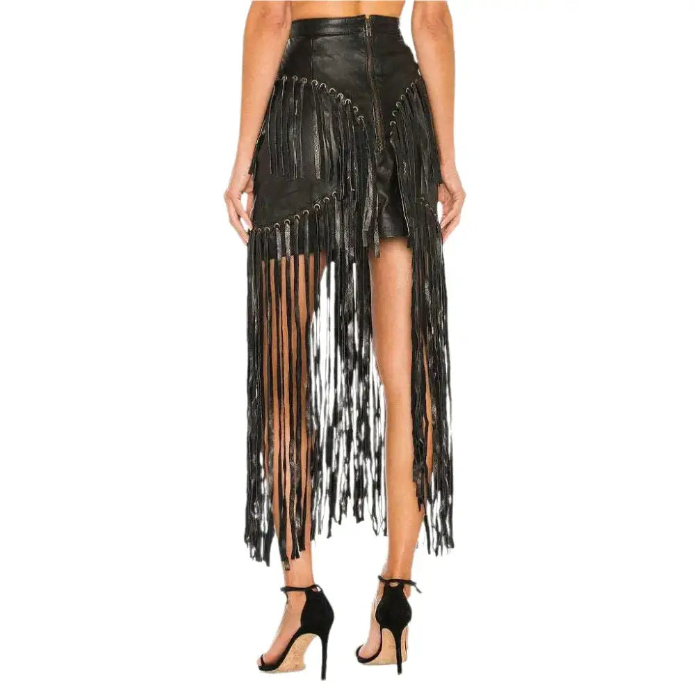 Women’s Black Long Fringe Detailed Leather Skirt | Riders Republic UK