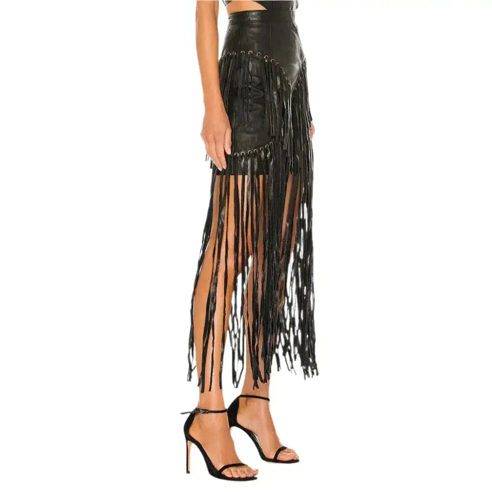 Women’s Black Long Fringe Detailed Leather Skirt | Riders Republic UK