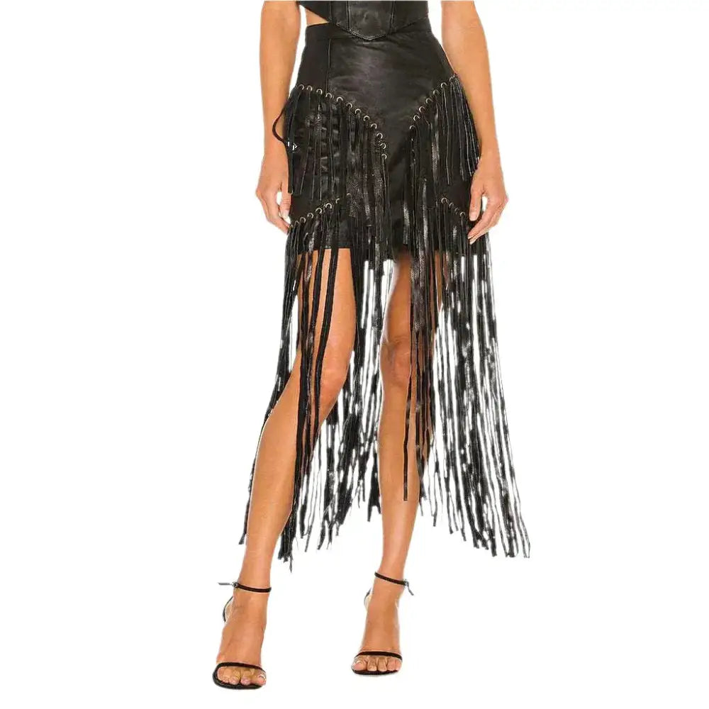 Women’s Black Long Fringe Detailed Leather Skirt | Riders Republic UK