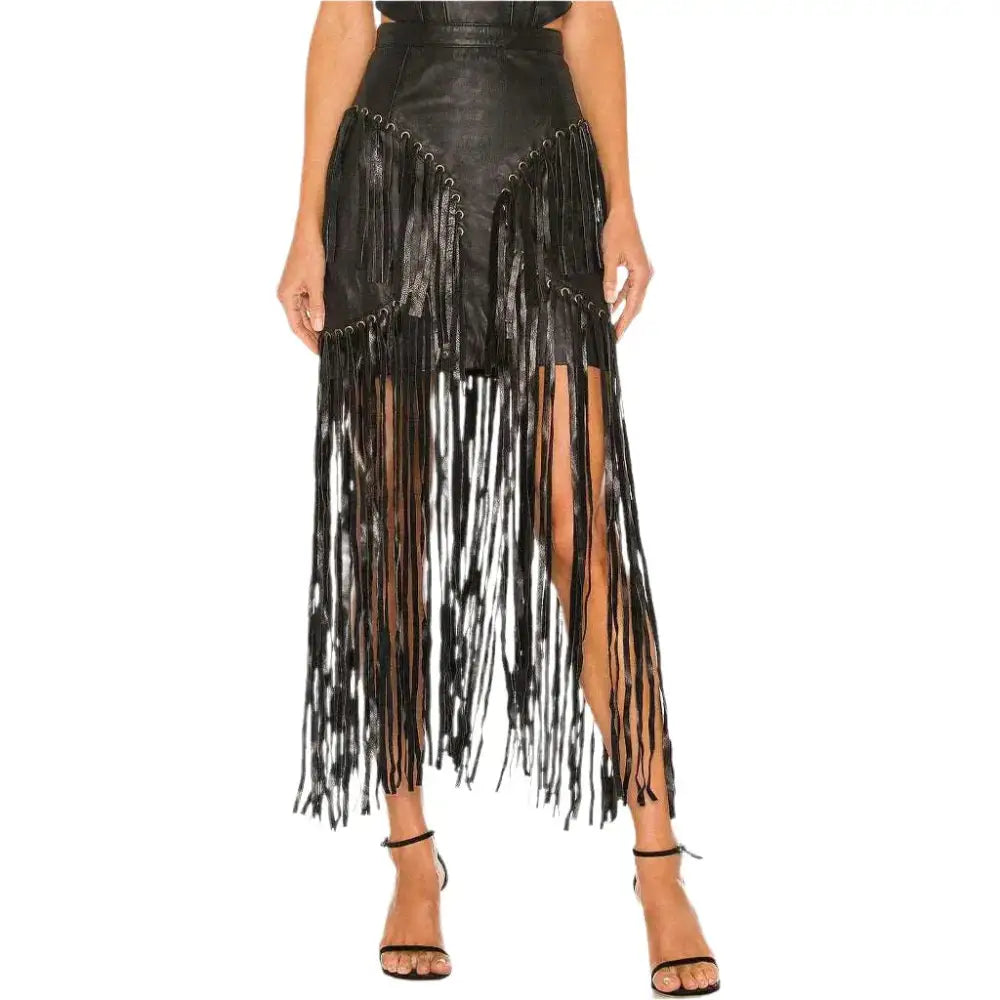 Women’s Black Long Fringe Detailed Leather Skirt | Riders Republic UK